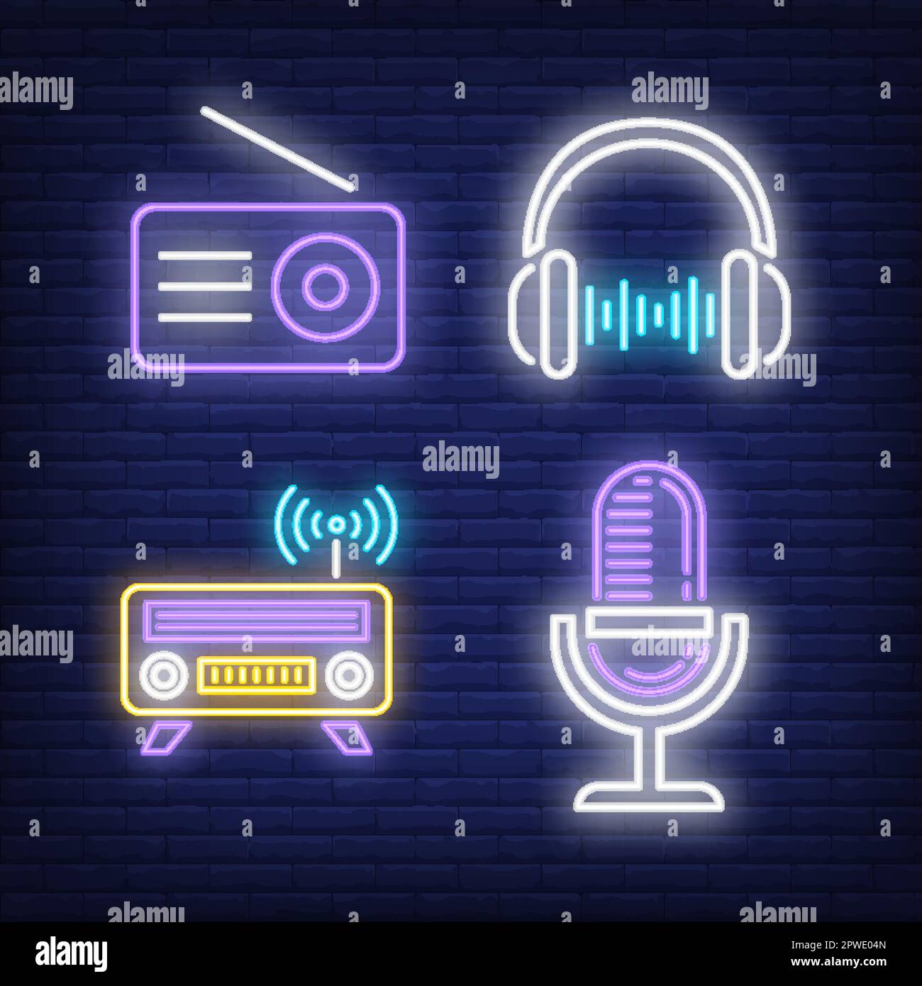 Radio, headphones and microphone neon signs set Stock Vector Image & Art - Alamy