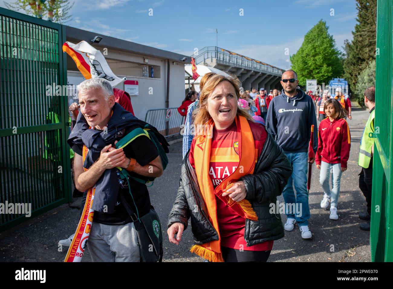 Rome, Italy. 29th Apr, 2023. Fans dressed in AS Roma colors come out of ...