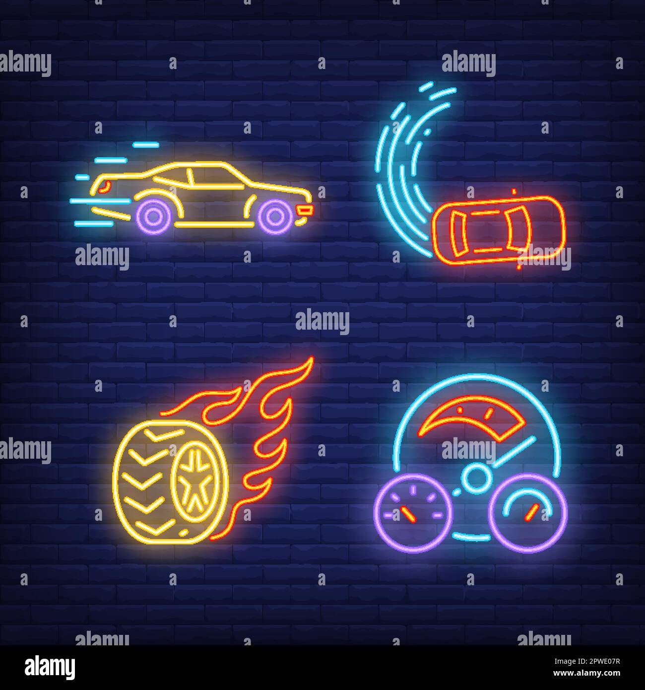 Racing cars, wheel on fire and speedometer neon signs set Stock Vector ...