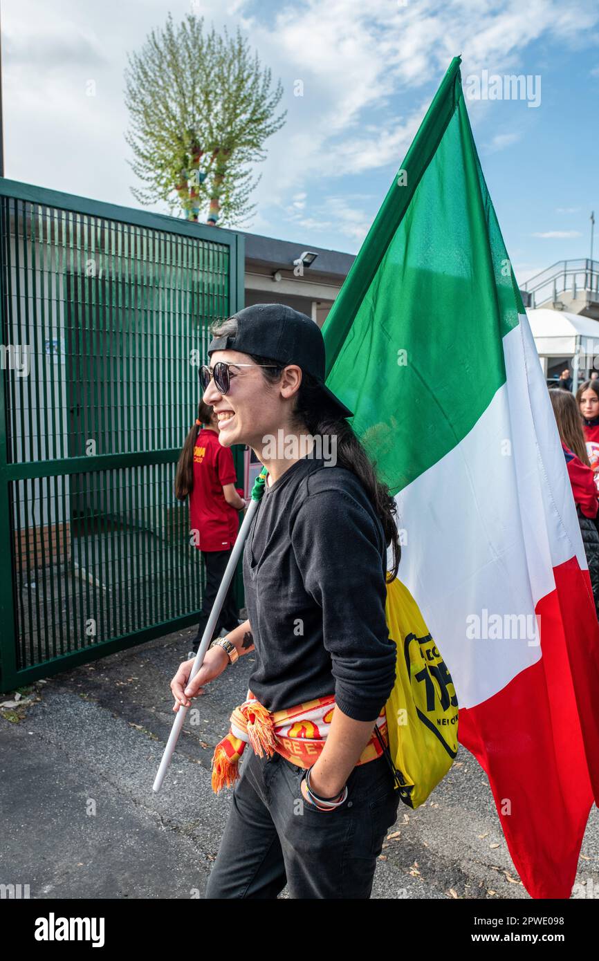 Rome, Italy. 29th Apr, 2023. A girl with an AS Roma scarf on her belt ...