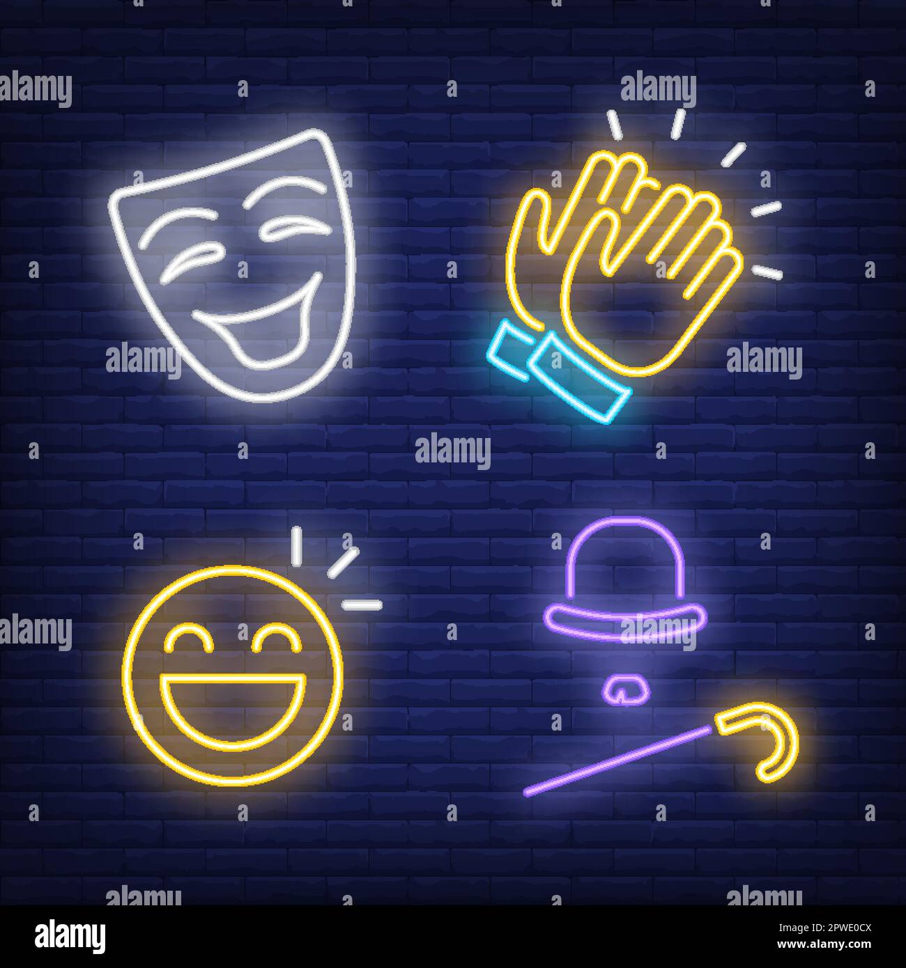 Laughing mask, smiley, cane, hat and clapping hands neon signs Stock ...