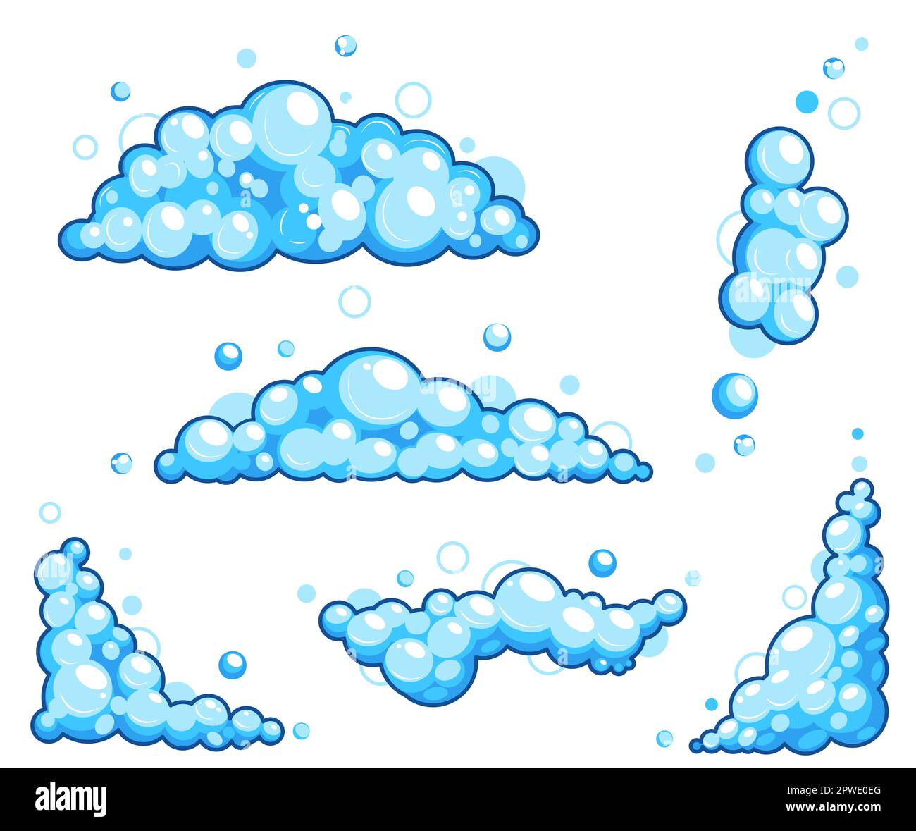 Cartoon soap foam set with bubbles. Light blue suds of bath, shampoo ...