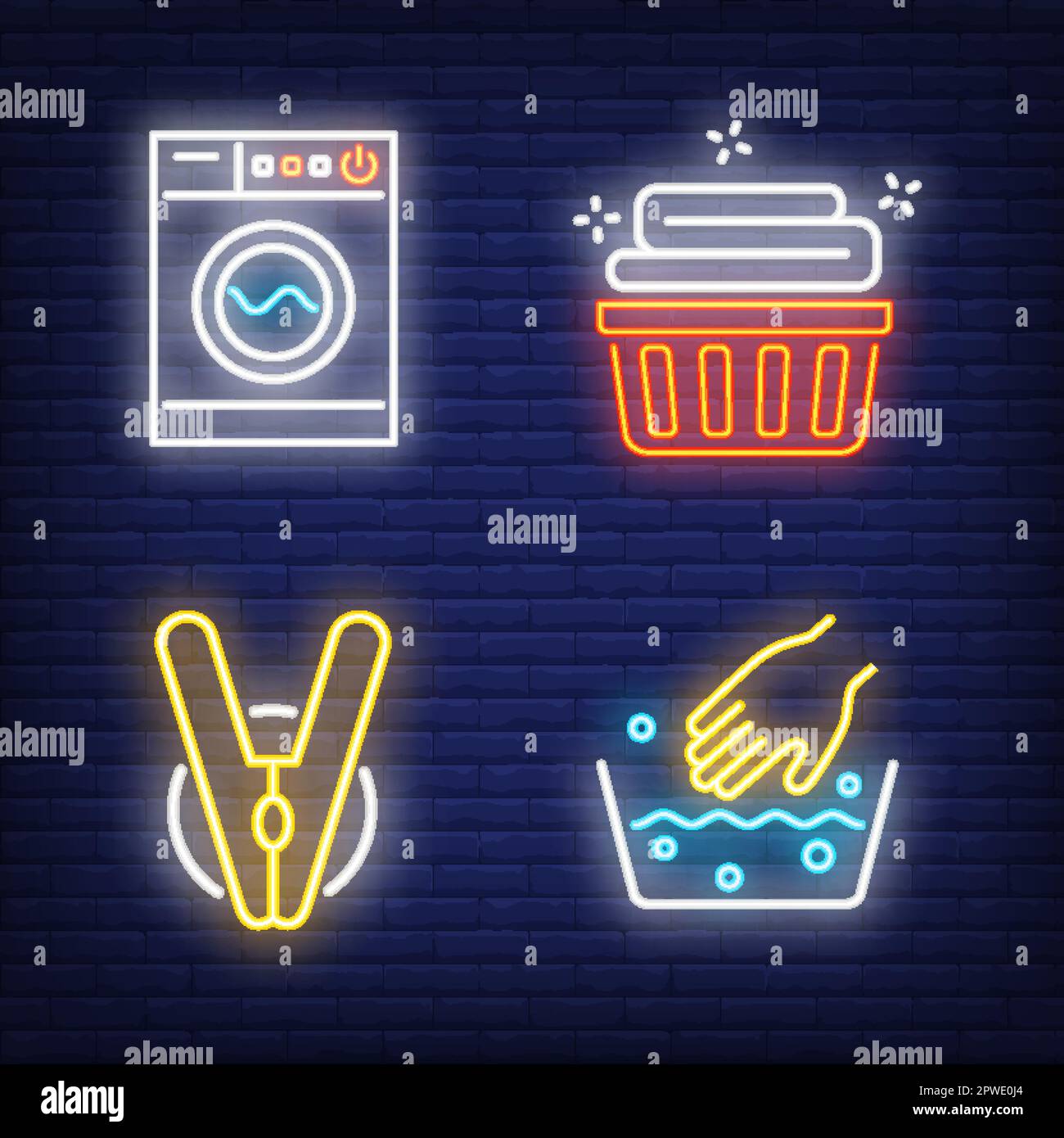 Washing machine, linen, hand washing and clothes peg neon signs set ...
