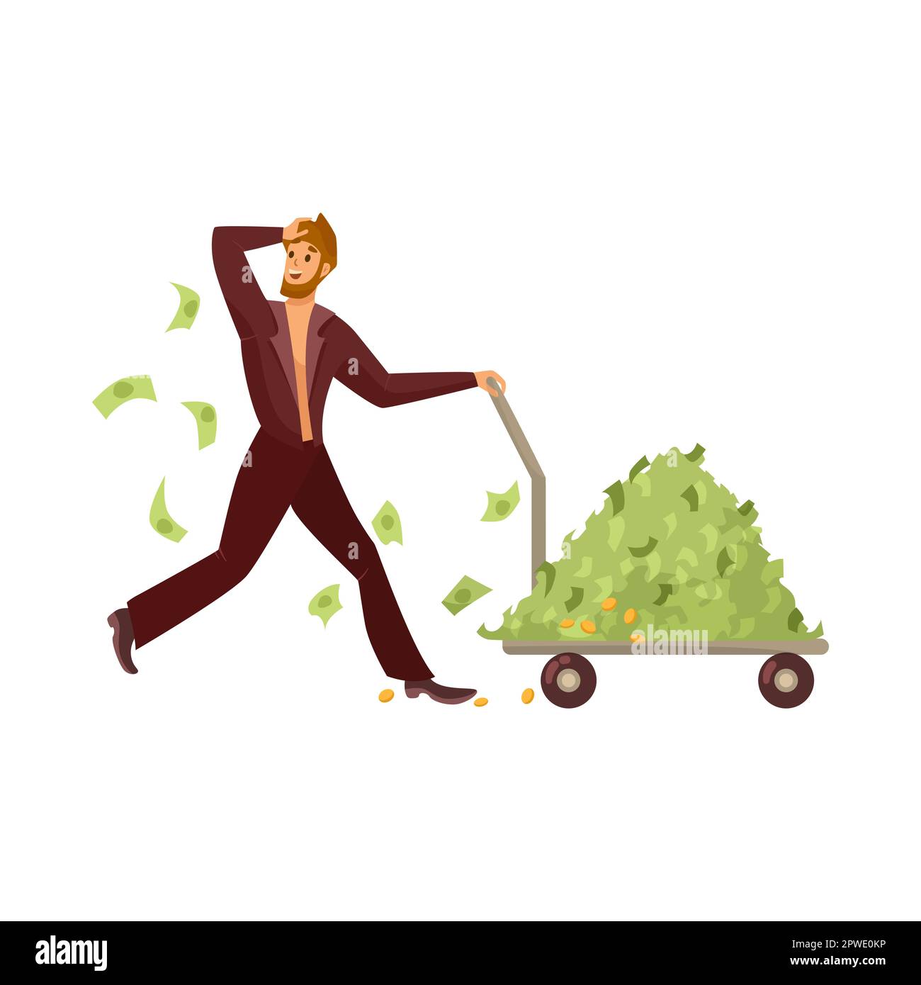 Rich man with pile of money on cart cartoon illustration Stock Vector ...
