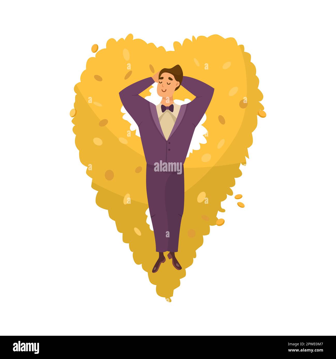 Rich man lying on pile of gold coins cartoon illustration Stock Vector ...