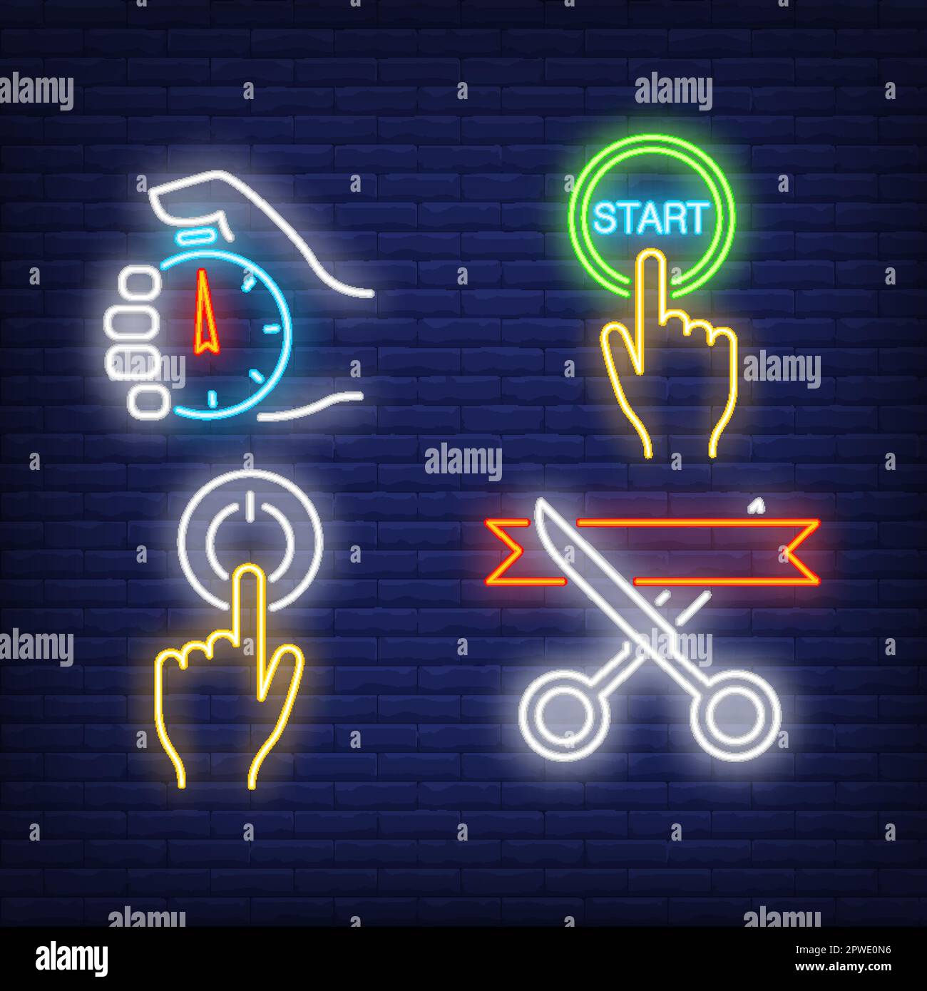 Ribbon cutting, switching on, start and stop watch neon signs Stock ... Ribbon cutting, switching on, start and stop watch neon signs Stock ...