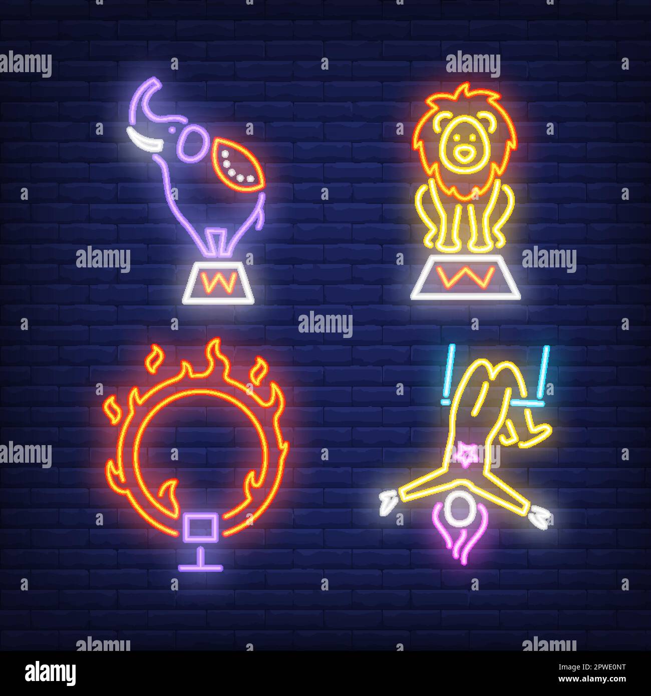 Circus acrobat elephant, lion and ring on fire, neon signs set Stock ...