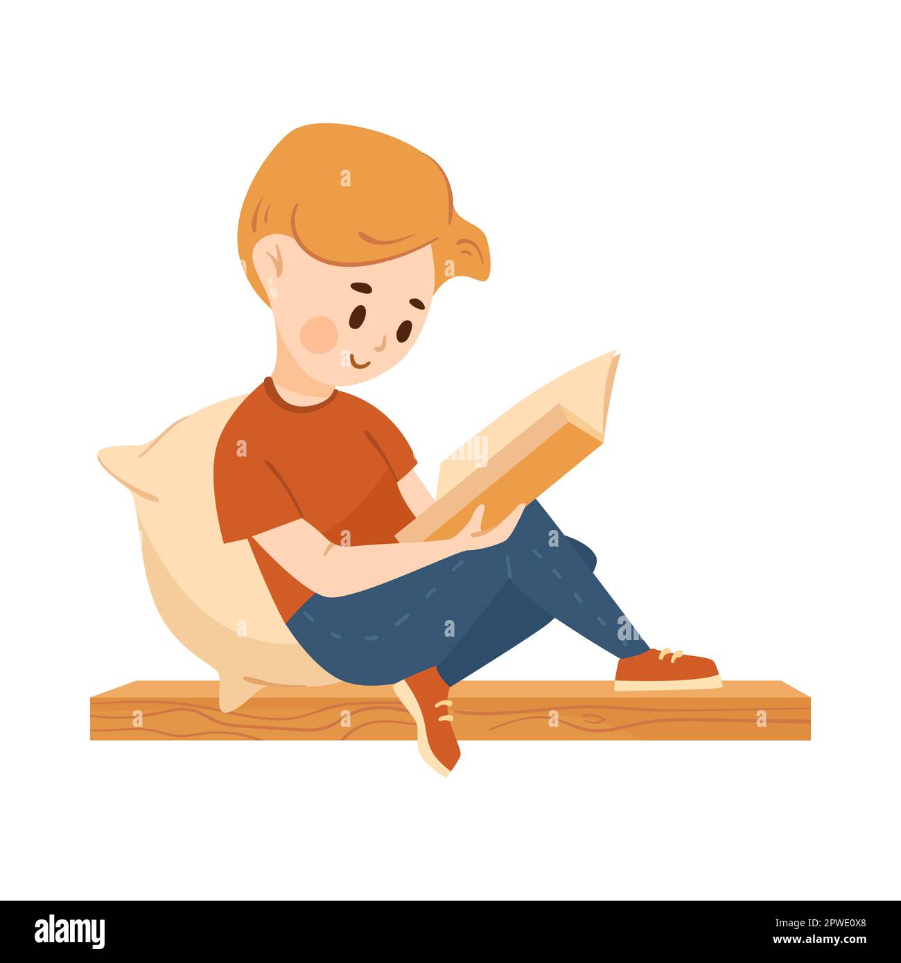 Happy blond boy reading book cartoon illustration Stock Vector Image ...