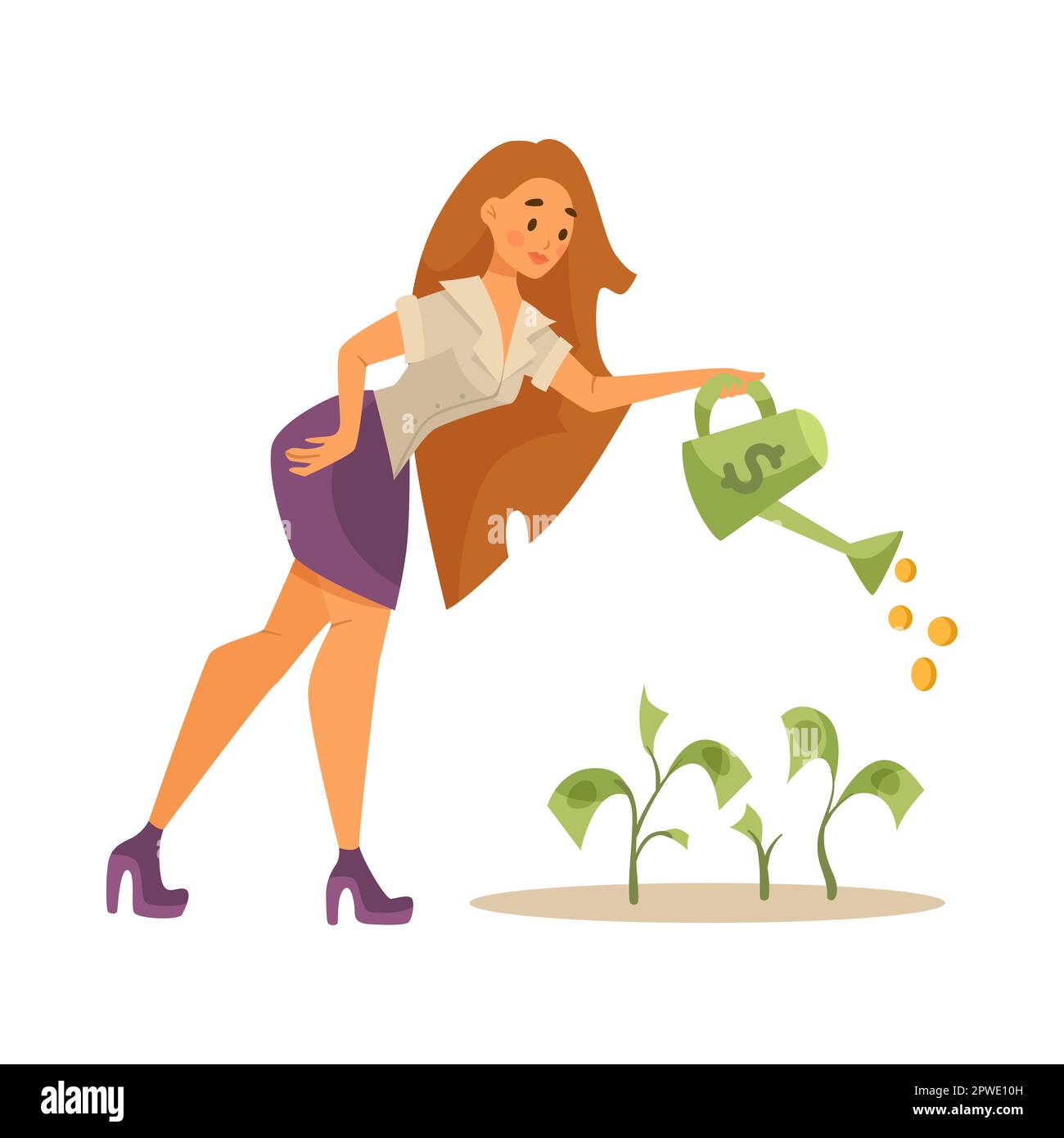 Businesswoman watering money plants cartoon illustration Stock Vector ...