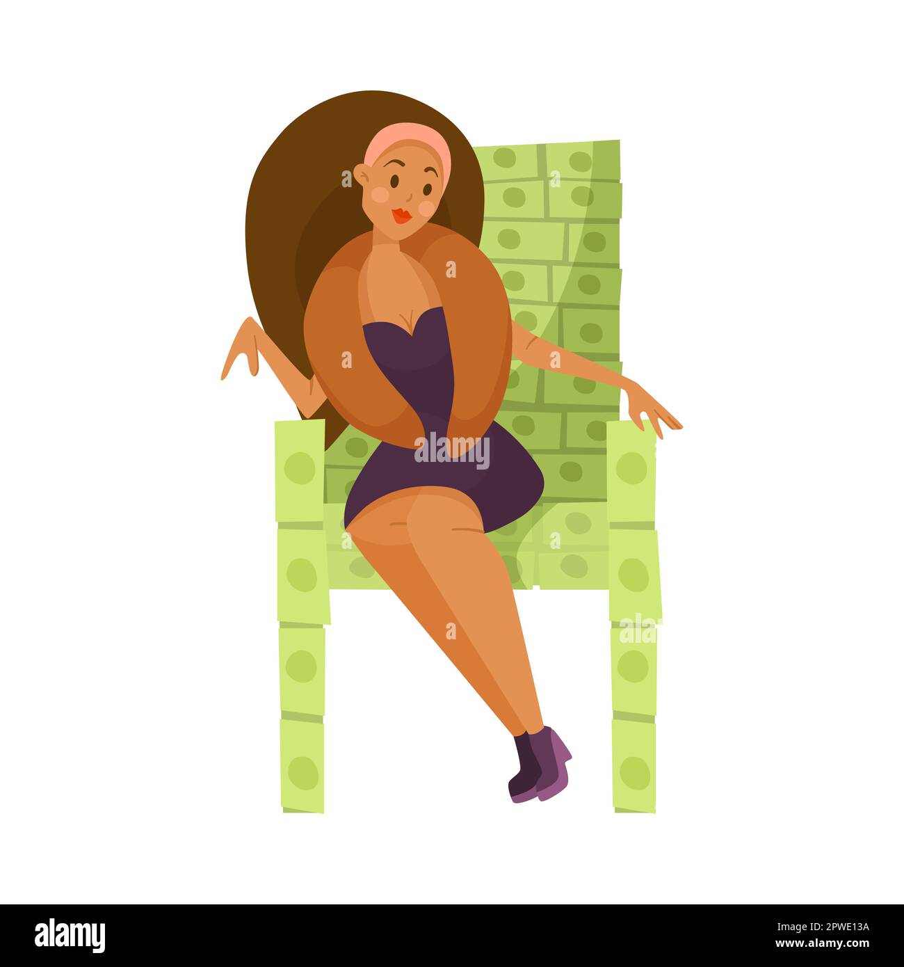 Businesswoman sitting on dollar bill chair cartoon illustration Stock ...