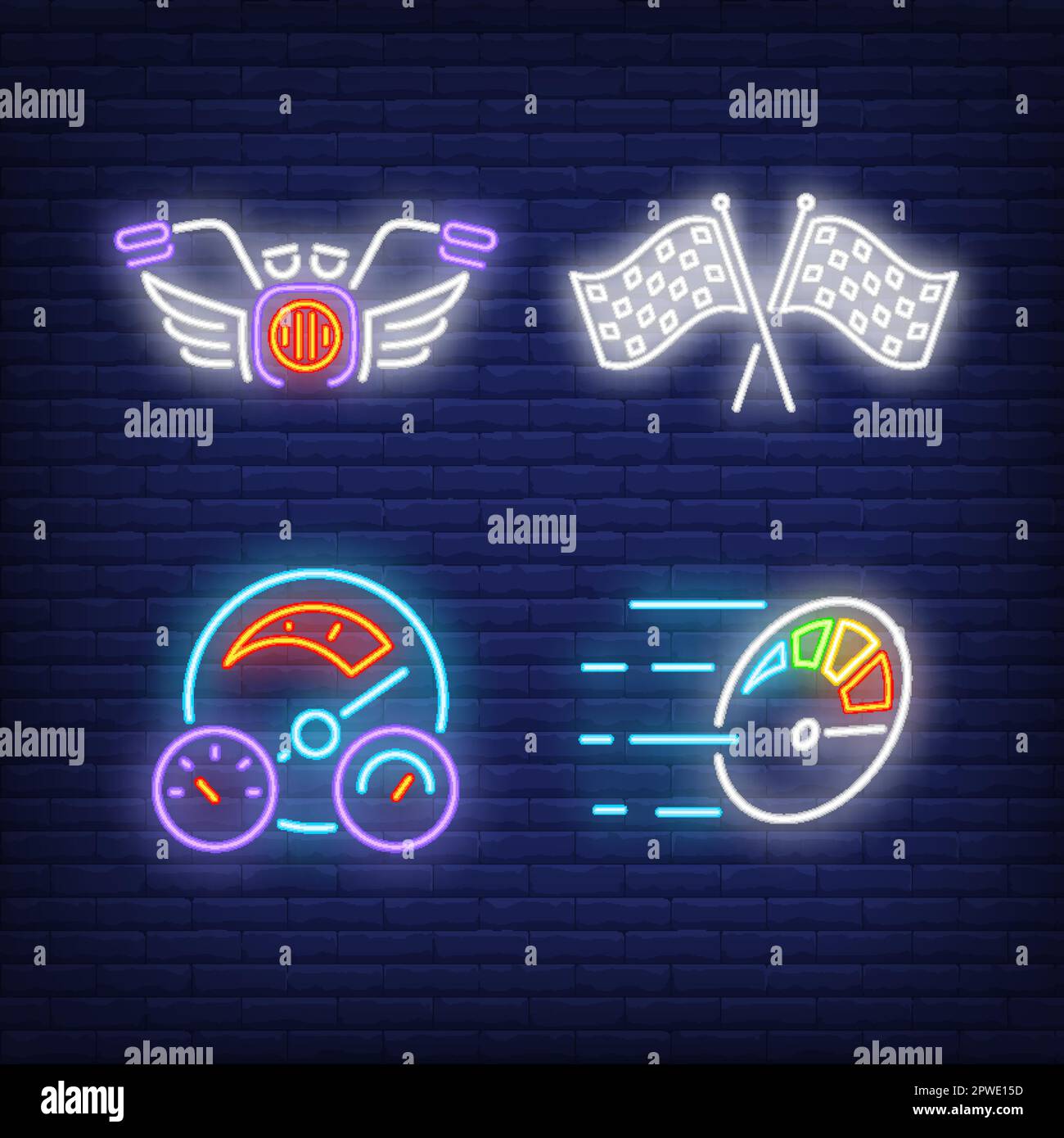 Racing flags, speedometers and motorcycle neon signs set Stock Vector ...