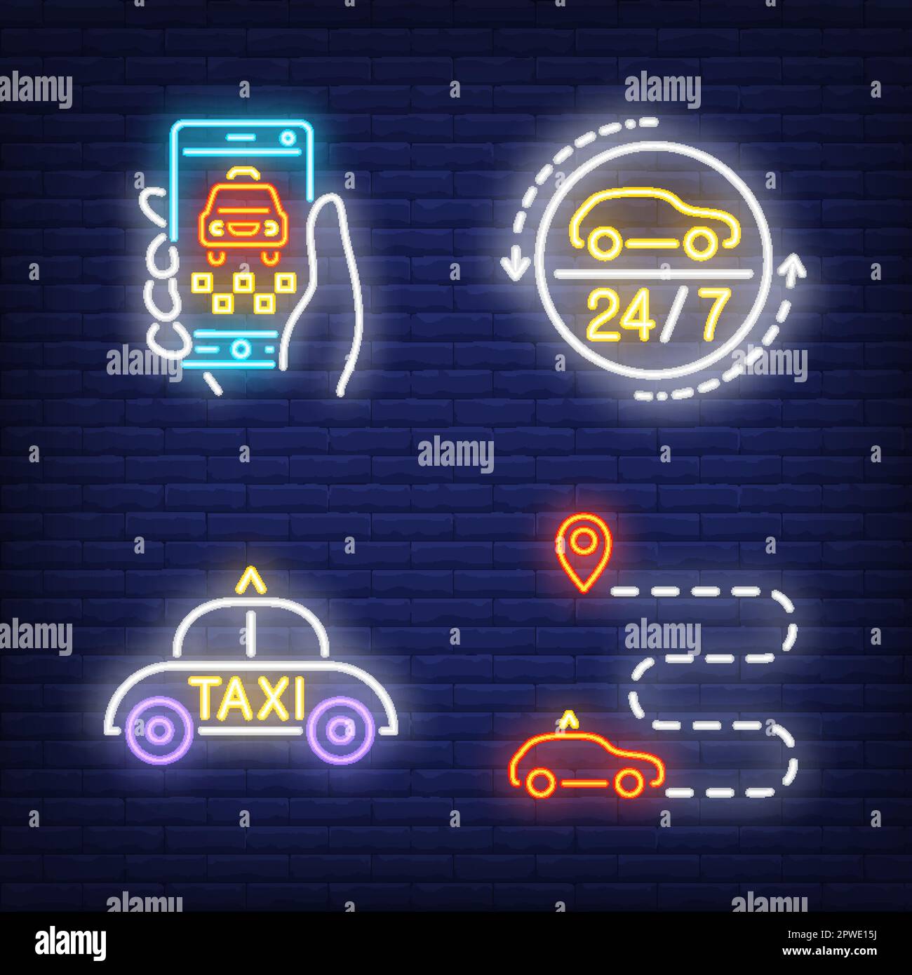 Taxi booking app, cab, route neon signs set Stock Vector Image & Art ...