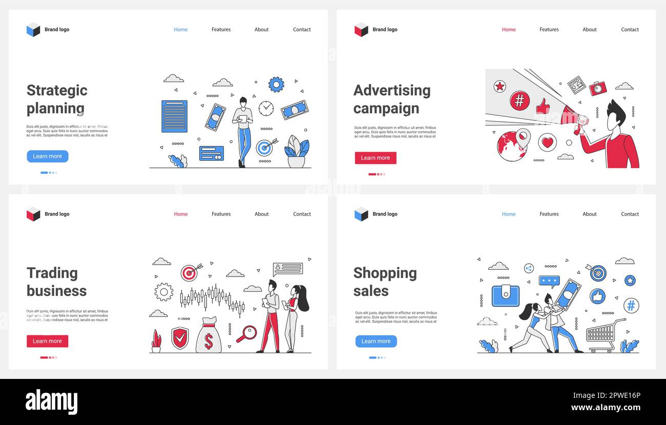 Strategic planning of advertising business campaign, online shopping and trade set vector ...