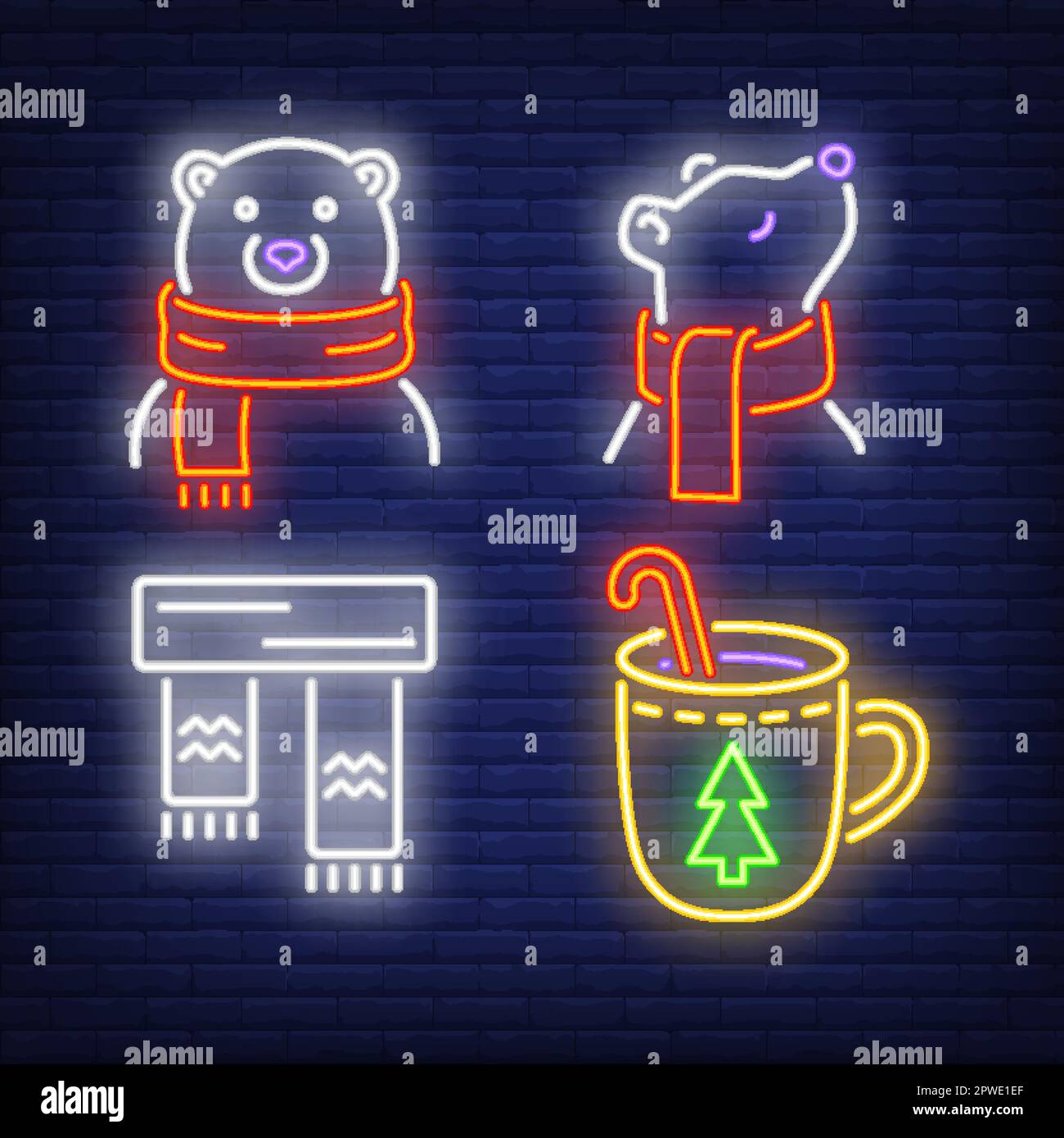Polar bears, scarf and tea cup with candy cane neon signs set Stock ...