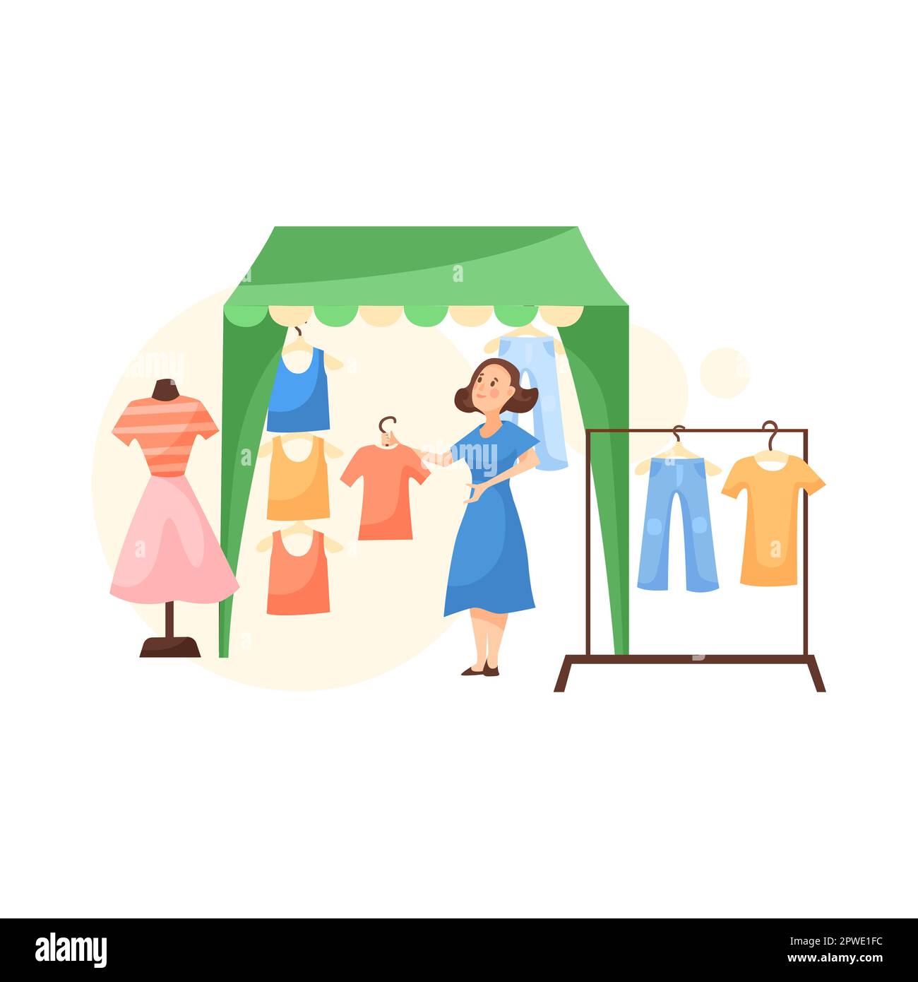 Fair booth with clothes and female seller flat vector illustration ...