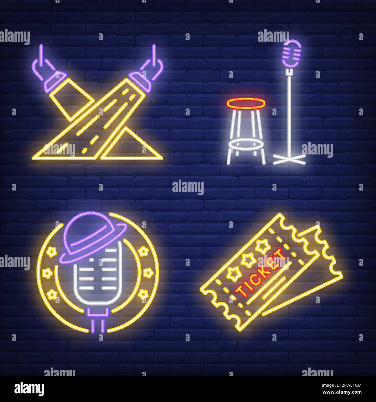 Tickets, spotlights and microphones neon signs set Stock Vector Image ...