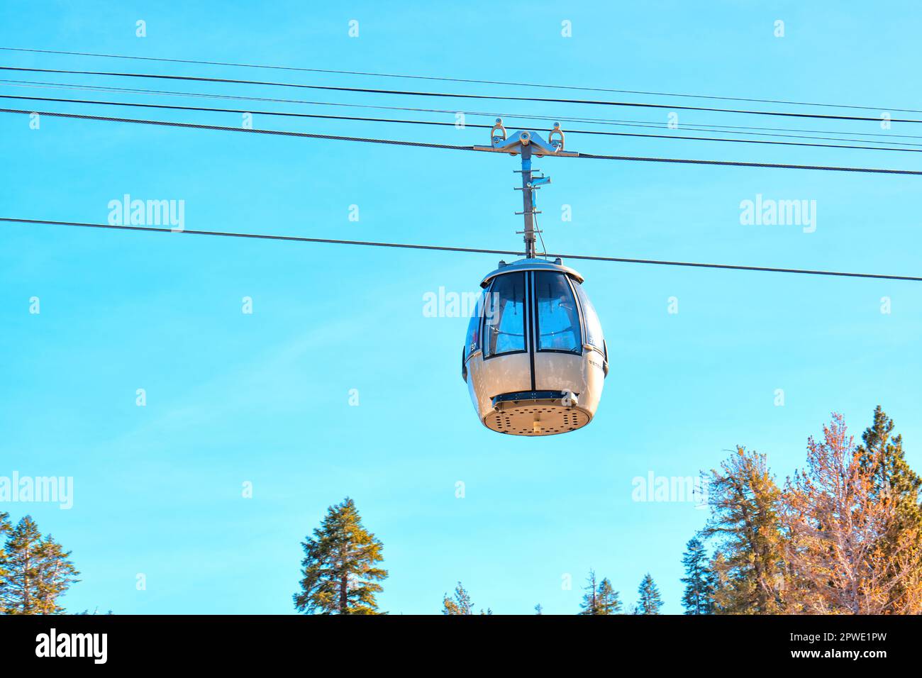 Close-up of a ski lift gondola and steel ropes high above the pine ...