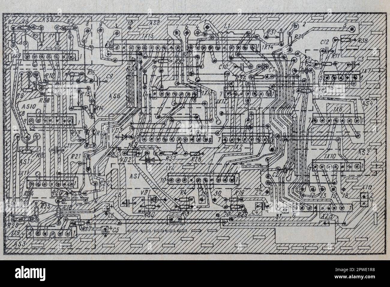 Old radio circuit printed on vintage paper electricity diagram as ...
