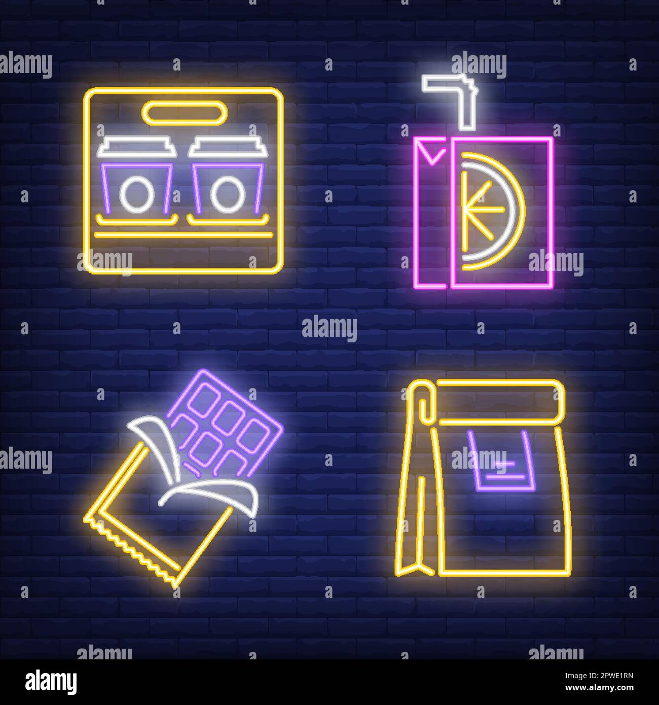 Plastic cups in paper bag, juice box, chocolate bar neon signs Stock ...