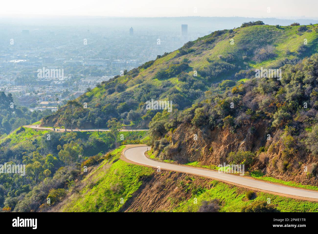 Urban landscape: Hiking trail and city view in Runyon Canyon Park ...
