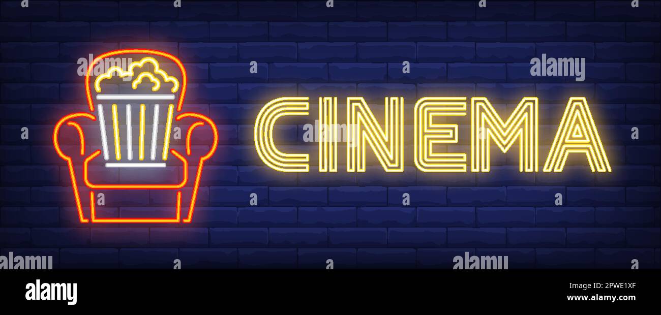Cinema neon text with popcorn bucket in armchair Stock Vector Image ...