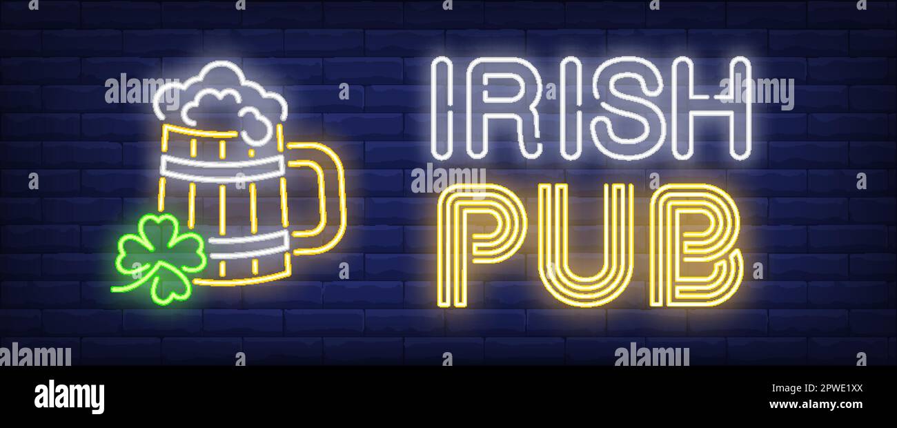 Irish pub neon sign. Beer mug in shape of barrel and shamrock Stock ...
