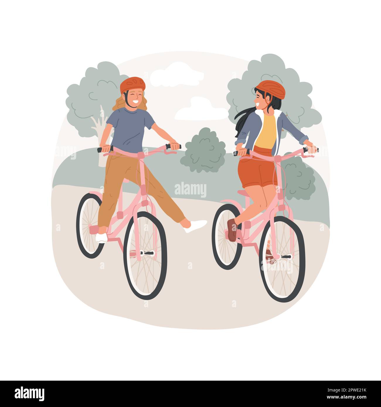 City bike isolated cartoon vector illustration. Girls riding bike in ...