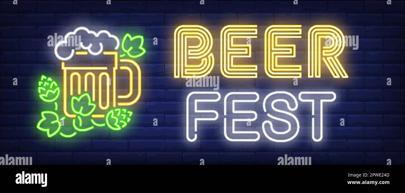 Beer fest neon sign. Beer mug with hop and malt Stock Vector Image ...