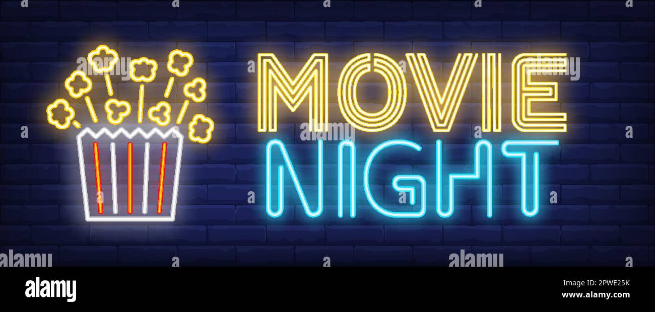 Movie night neon text with popcorn paper box Stock Vector Image & Art ...