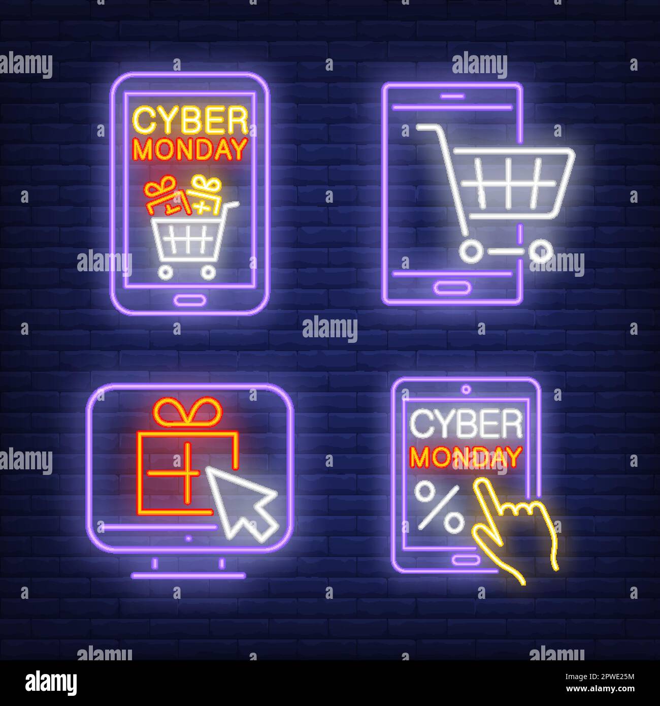 Online shopping, computer, gadget and cart neon signs set Stock Vector ...