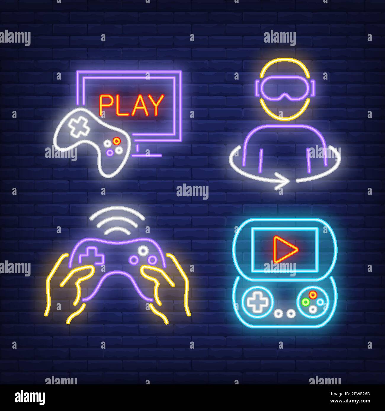Game players, console and joystick neon signs set Stock Vector Image ...