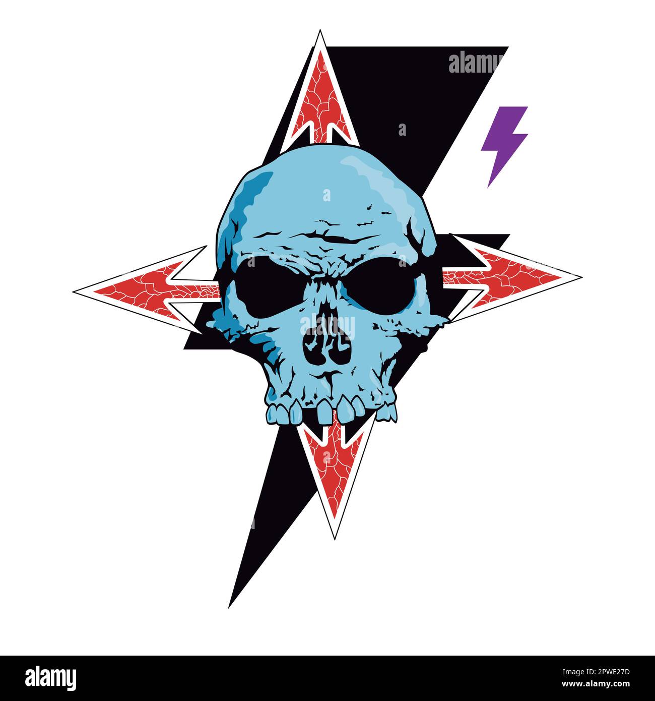 T-shirt design of a skull with the symbol of thunder and red arrows ...