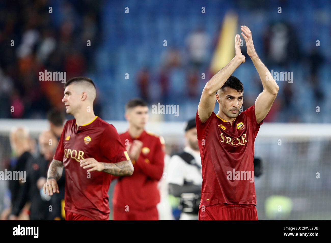Rome, Italy. 29th Apr, 2023. Mehmet Celik, of AS Roma, greets fans at ...