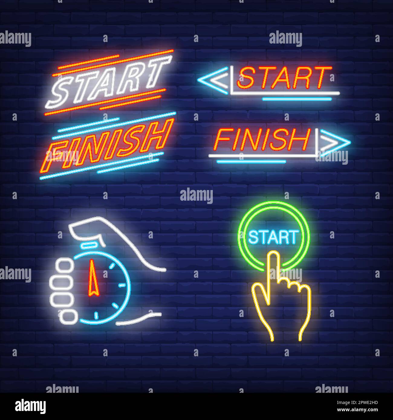 Stop watch, start and finish neon letterings set Stock Vector Image ...