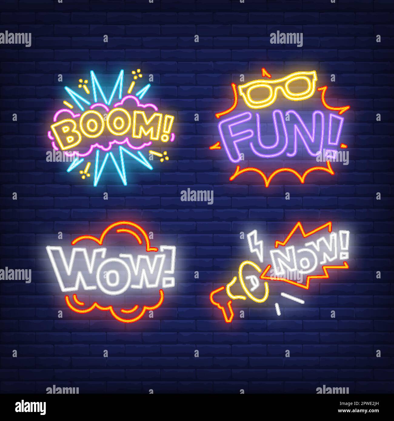 Exclamations neon sign set. Wow, Fun, Boom Stock Vector Image & Art - Alamy