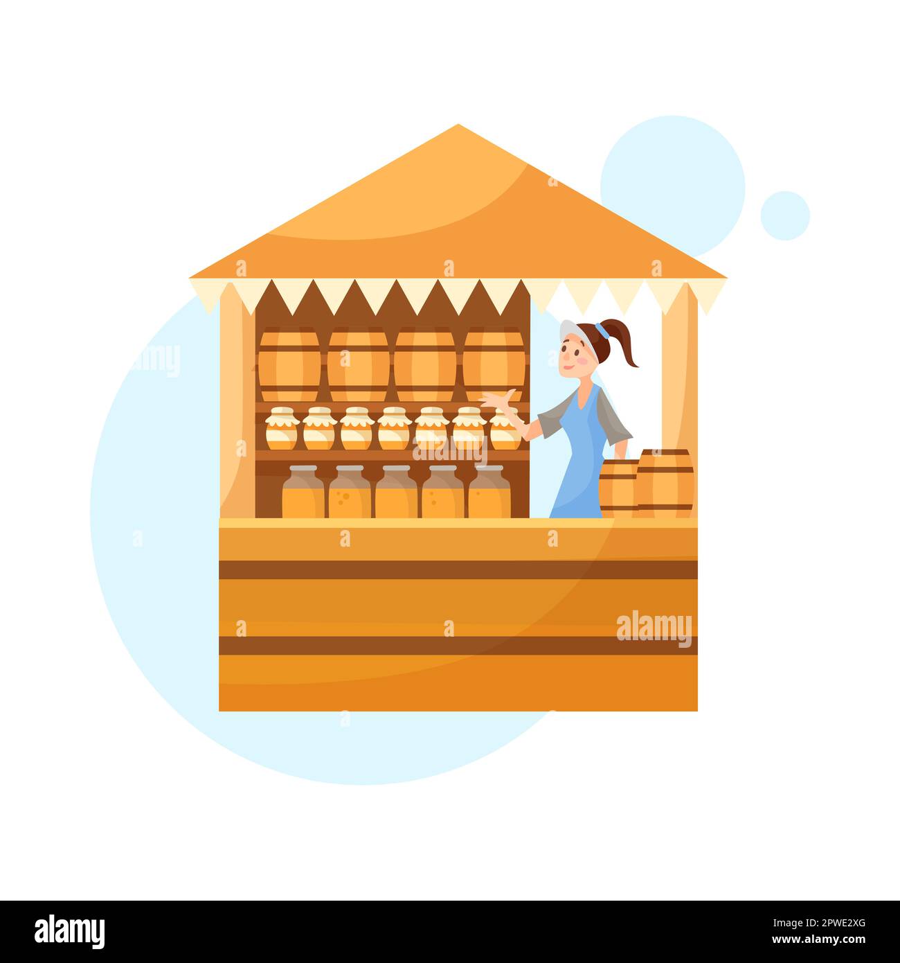 Fair booth with honey and female seller flat vector illustration Stock ...