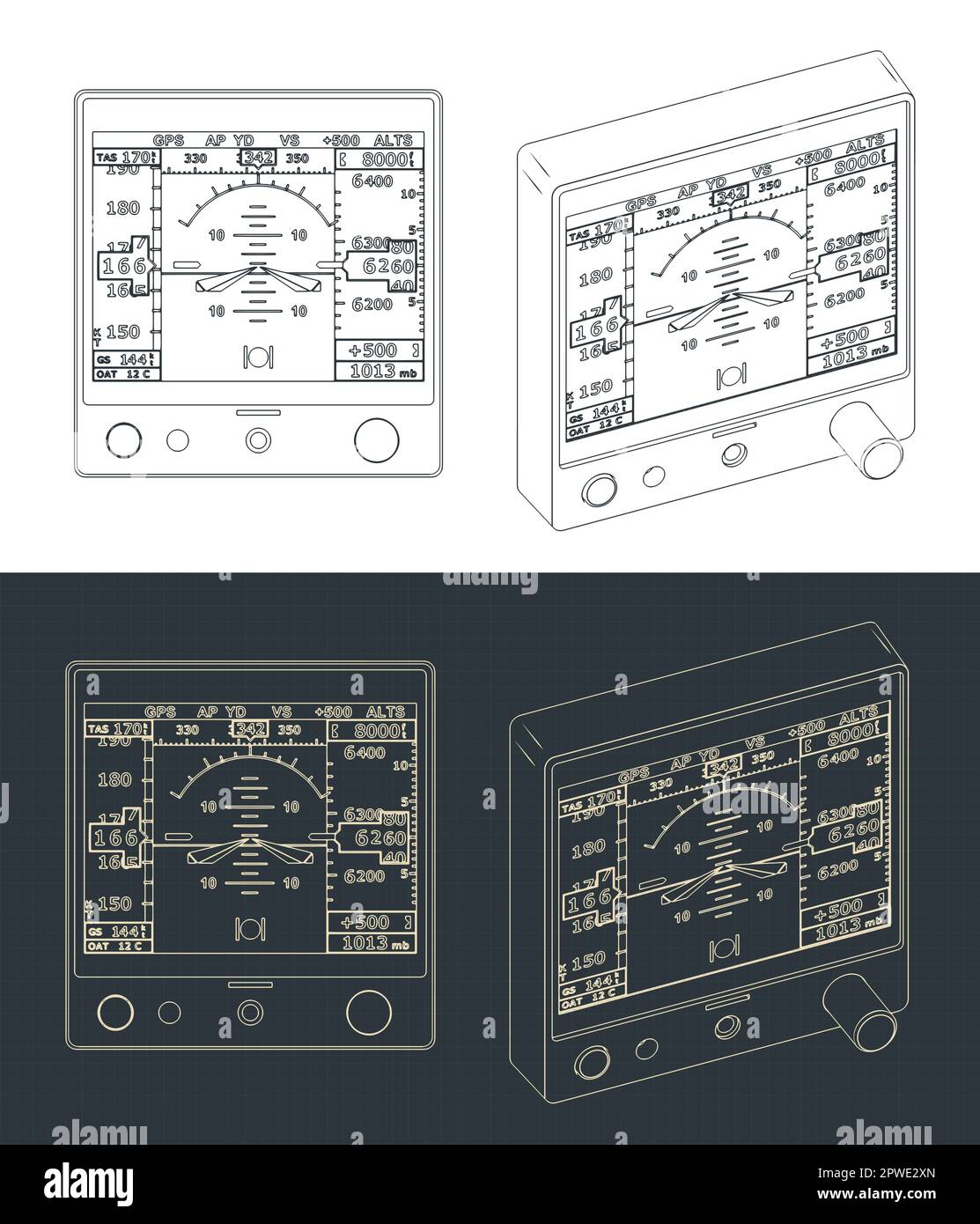 Stylized vector illustration of blueprints of attitude indicator and ...