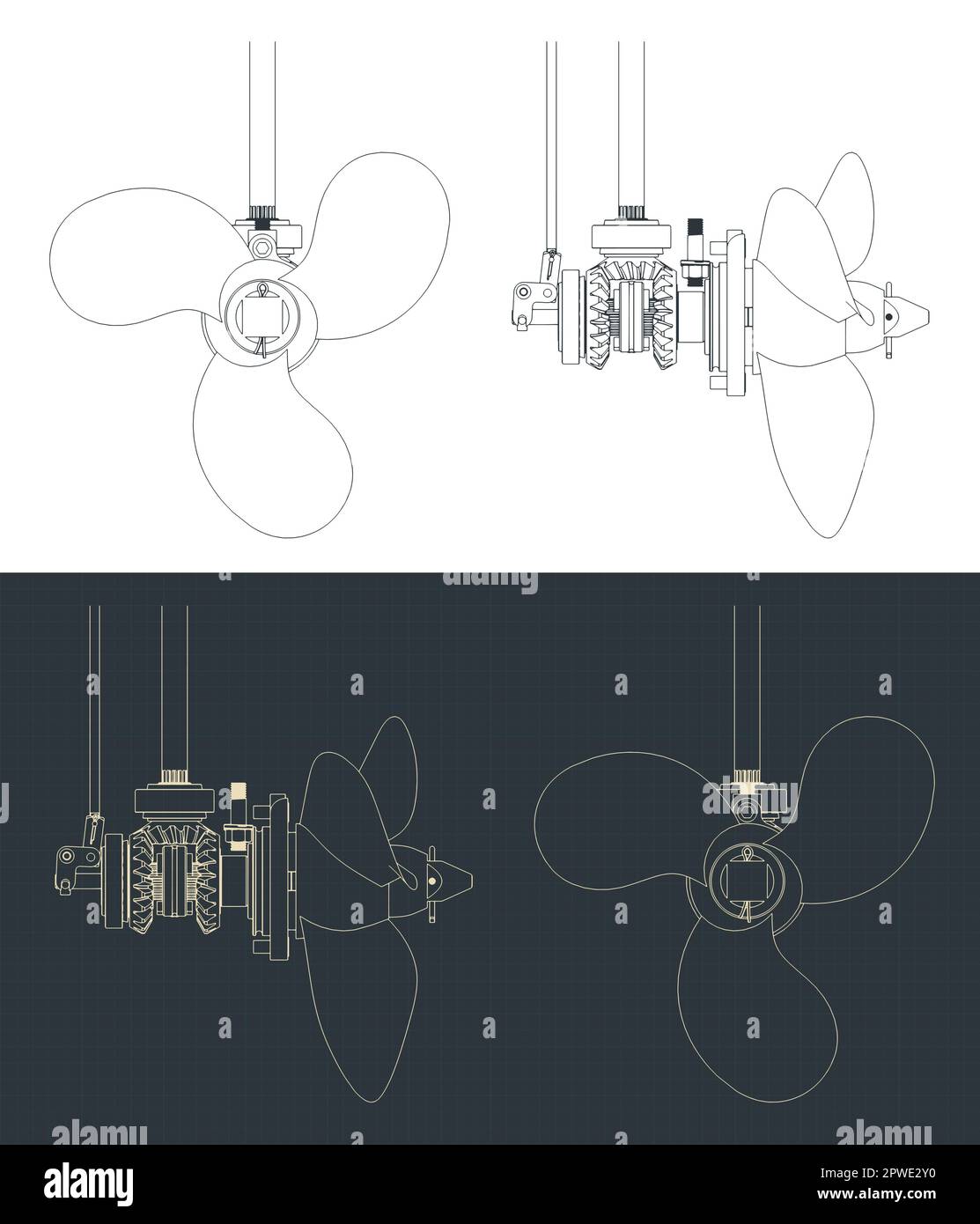 Stylized vector illustration of blueprints of outboard motor gearbox ...