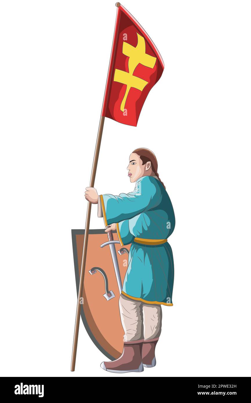 Knight s squire in a medieval costume with a flag, shield and sword ...