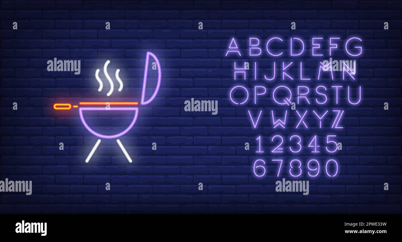 Barbeque grill on brick background. Neon style illustration Stock ...