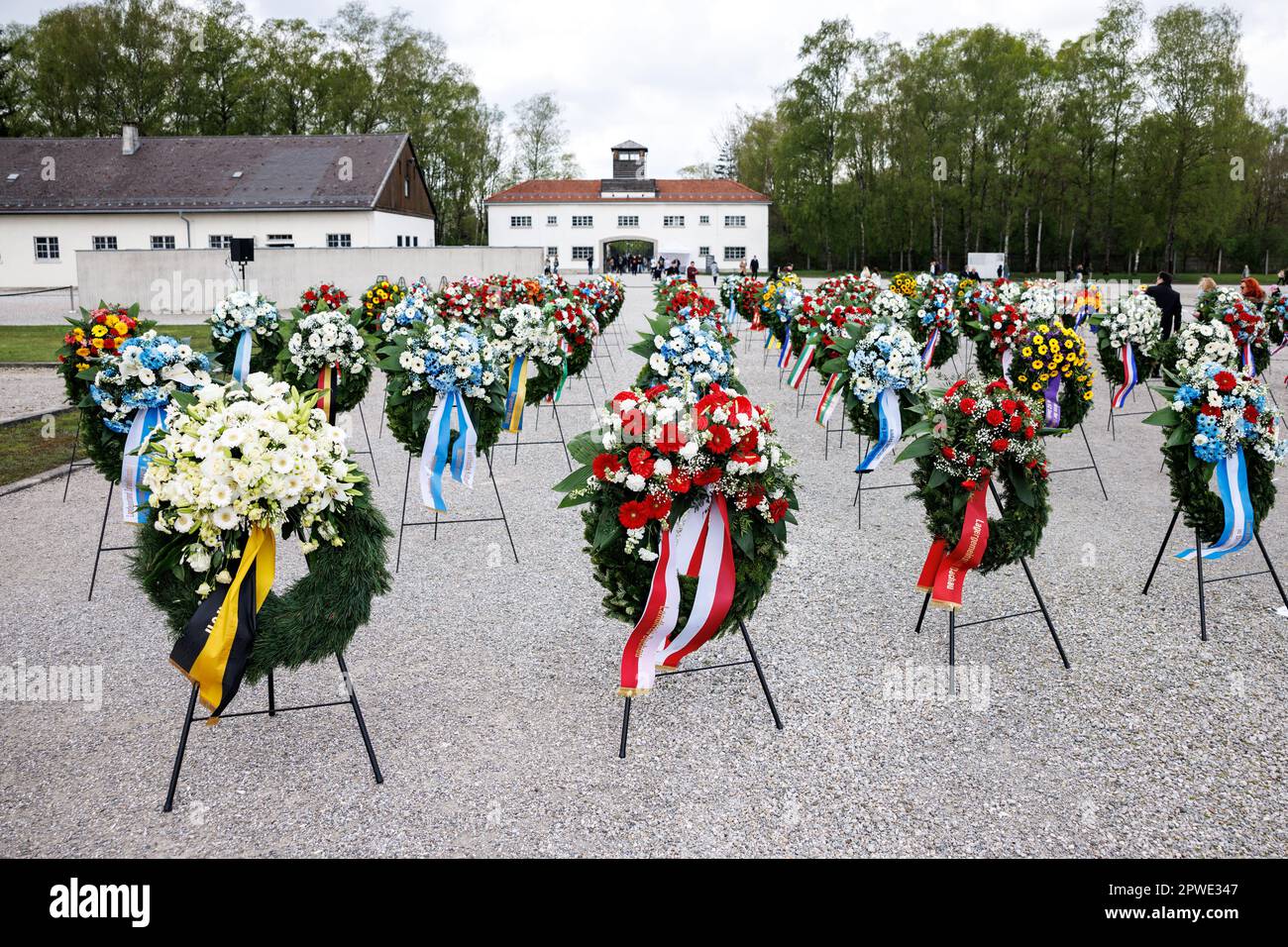 Dachau, Germany. 30th Apr, 2023. Numerous wreaths stand at the central ...