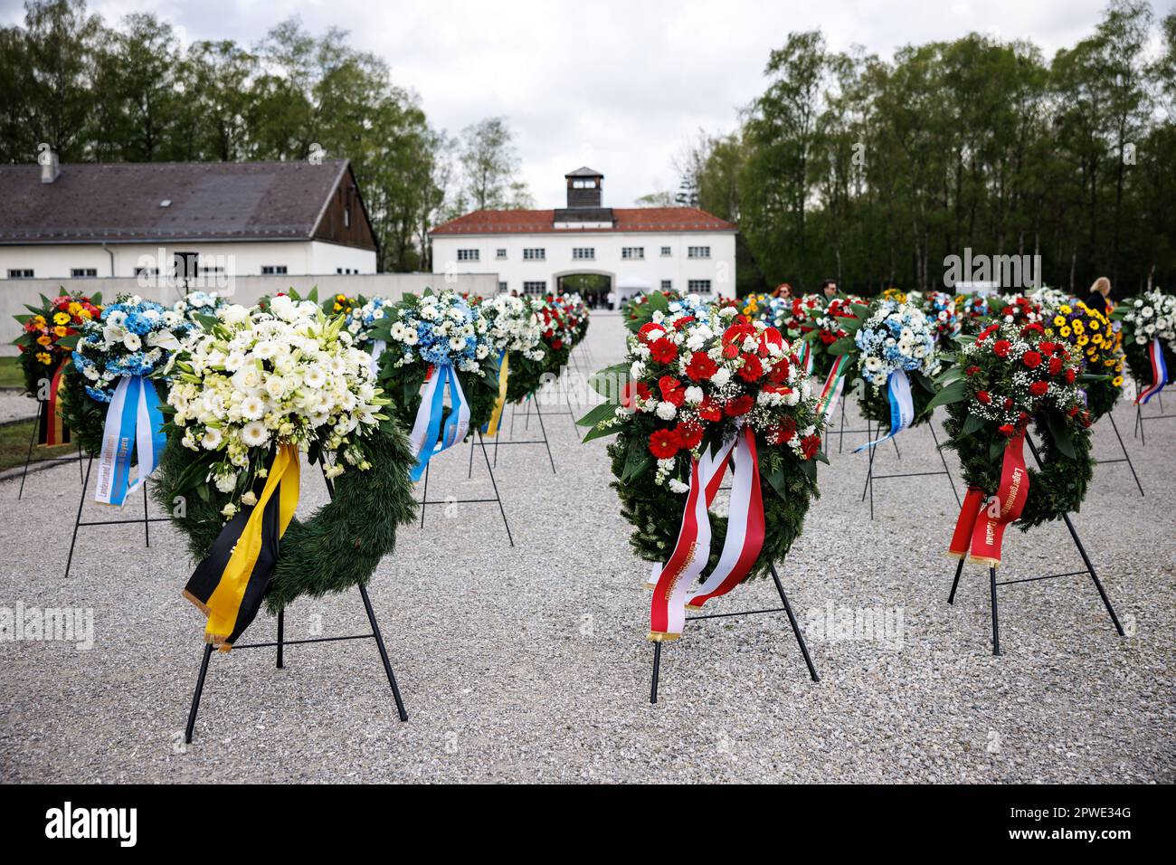 Dachau, Germany. 30th Apr, 2023. Numerous wreaths stand at the central ...