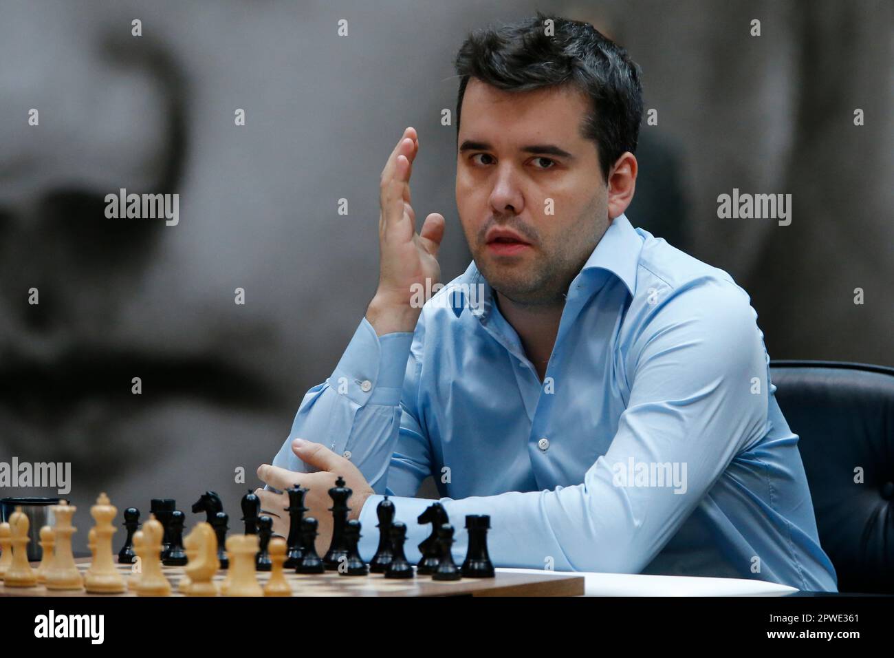 Russia's Ian Nepomniachtchi gestures prior to a tiebreaker of FIDE ...