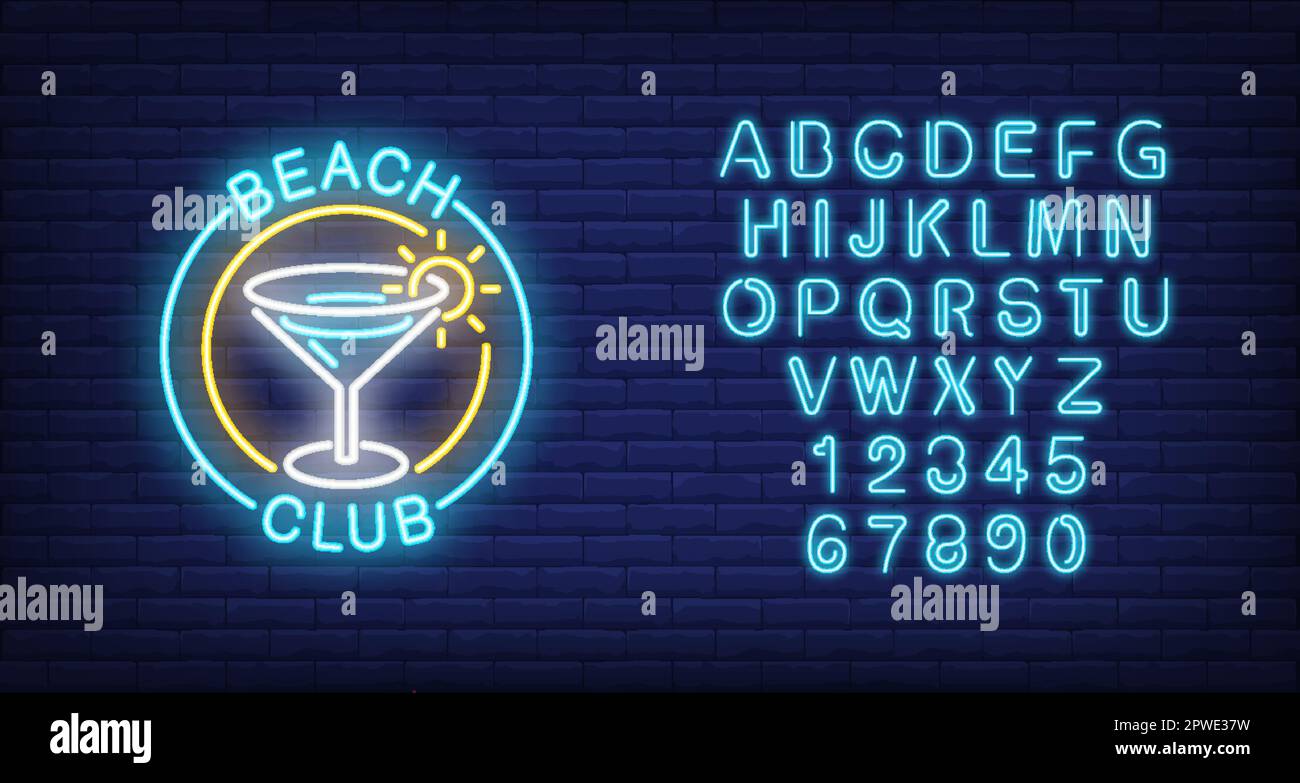 Beach club lettering and cocktail. Neon sign on black background Stock ...