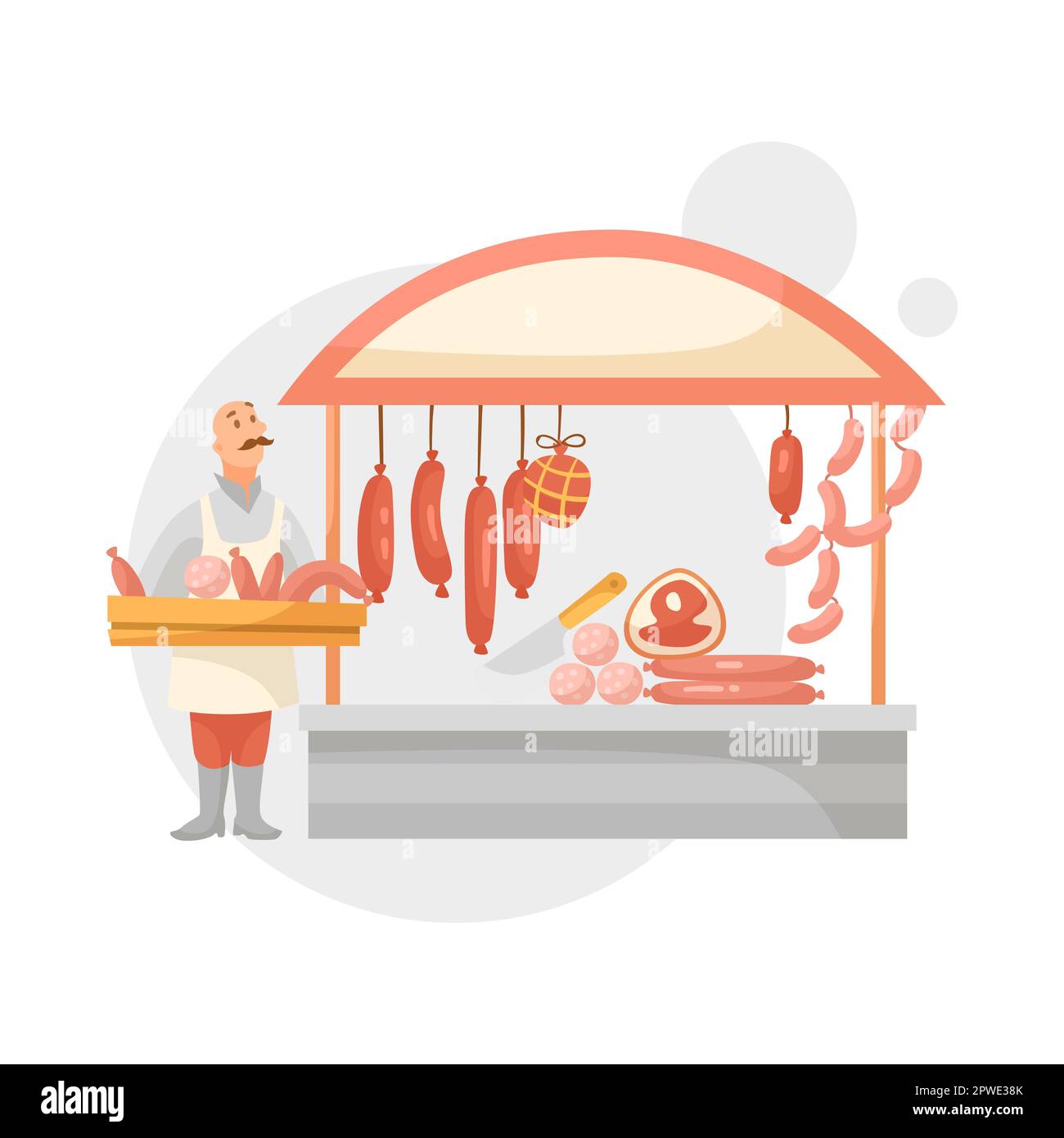 Fair booth with meat and male seller flat vector illustration Stock ...
