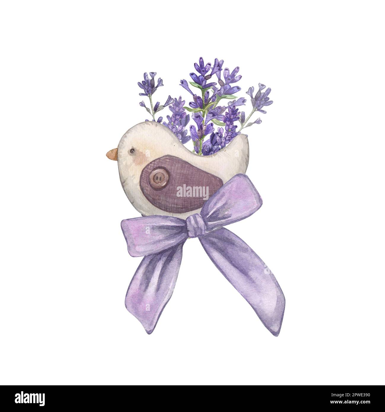 Lavender with a bird made of fabric and a bow isolated on a white ...