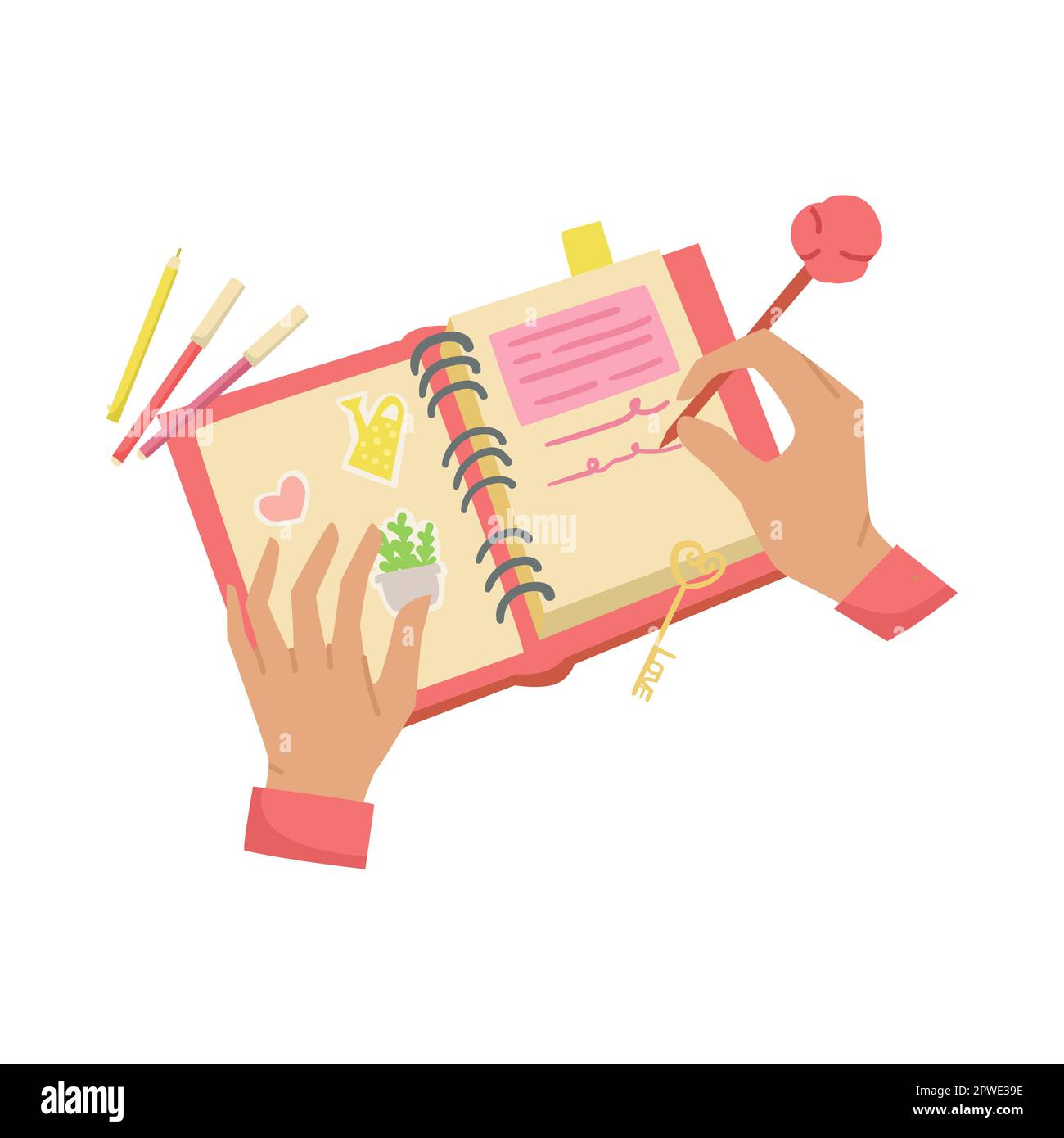 Hands of person writing in diary or journal vector illustration Stock ...