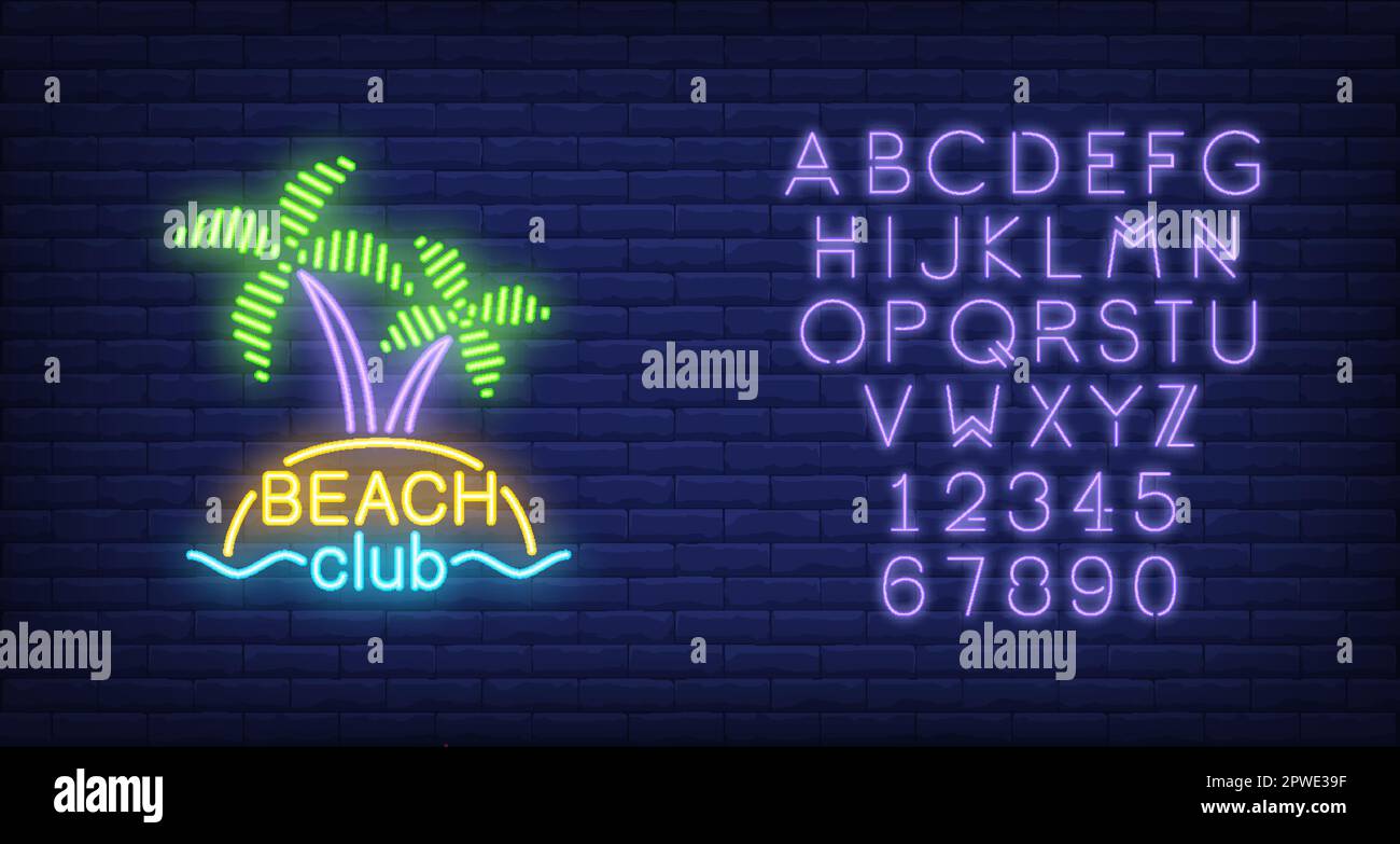 Beach Club lettering and island with palms. Neon sign Stock Vector ...