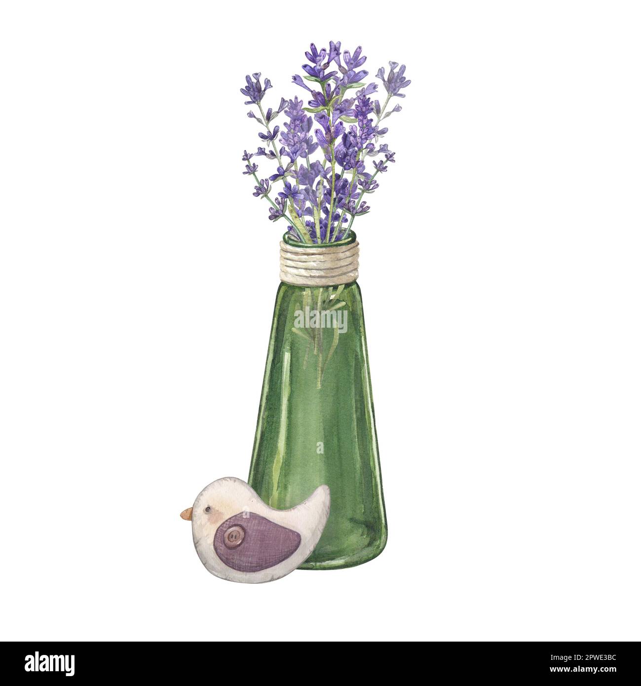 Lavender bouquet with a bird made of fabric in a glass vase isolated on ...