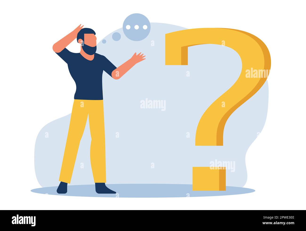 A man thinks and stands near a big question mark. A thoughtful person ...